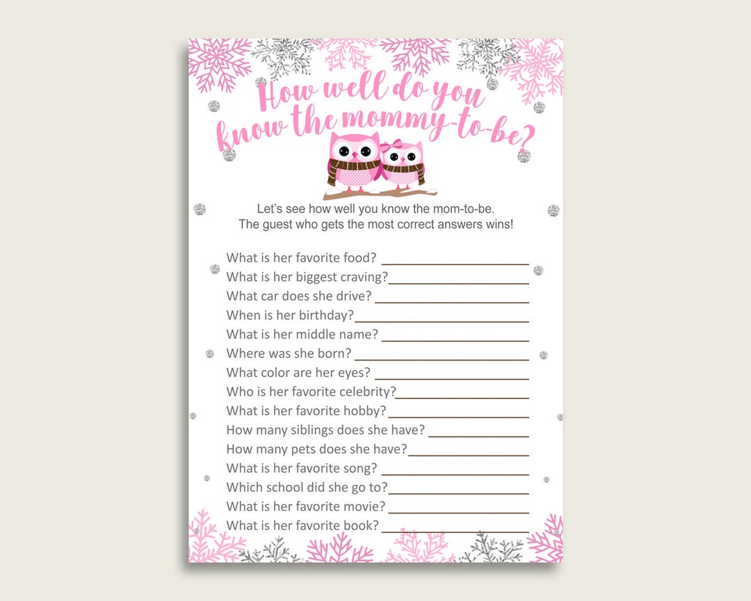 Pink Gray How Well Do You Know Mommy Game, Winter Owl Baby Shower Girl ...