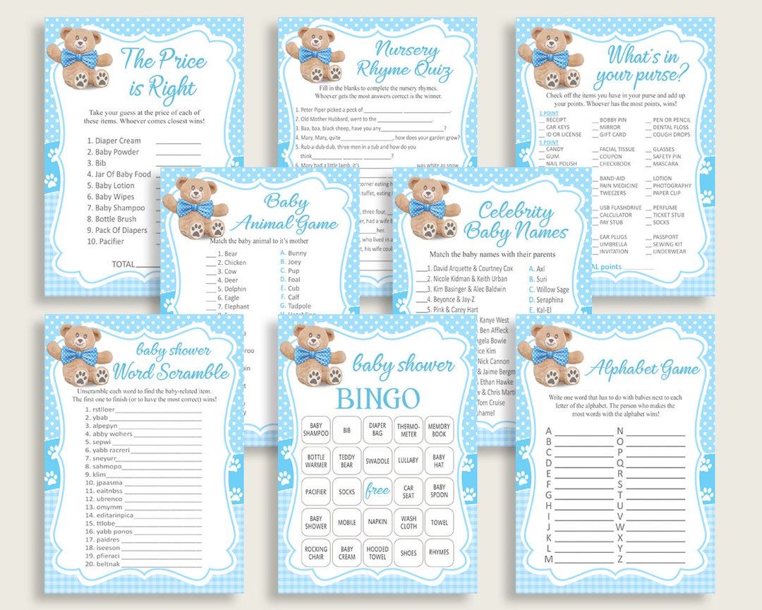 Teddy Bear Baby Shower Games Printable Pack, Blue Brown Baby Shower ...