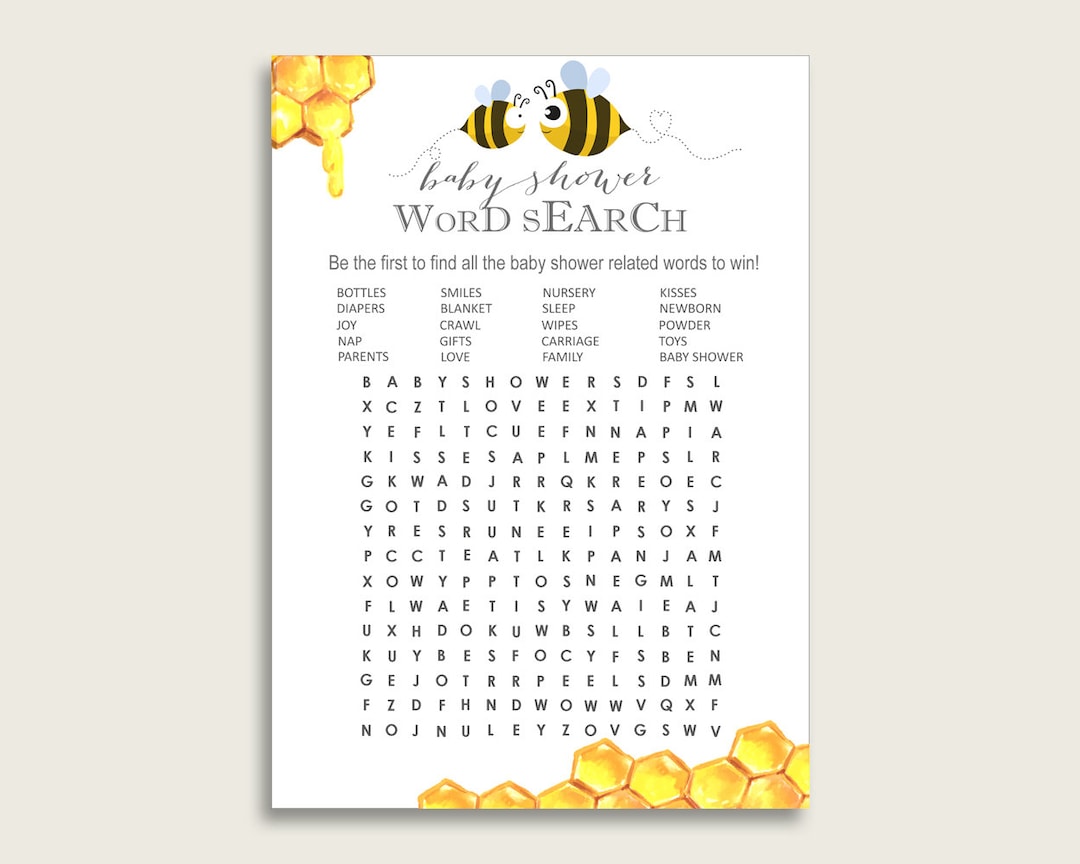 Bee Word Search Game, Yellow White Baby Shower Word Search Cards ...