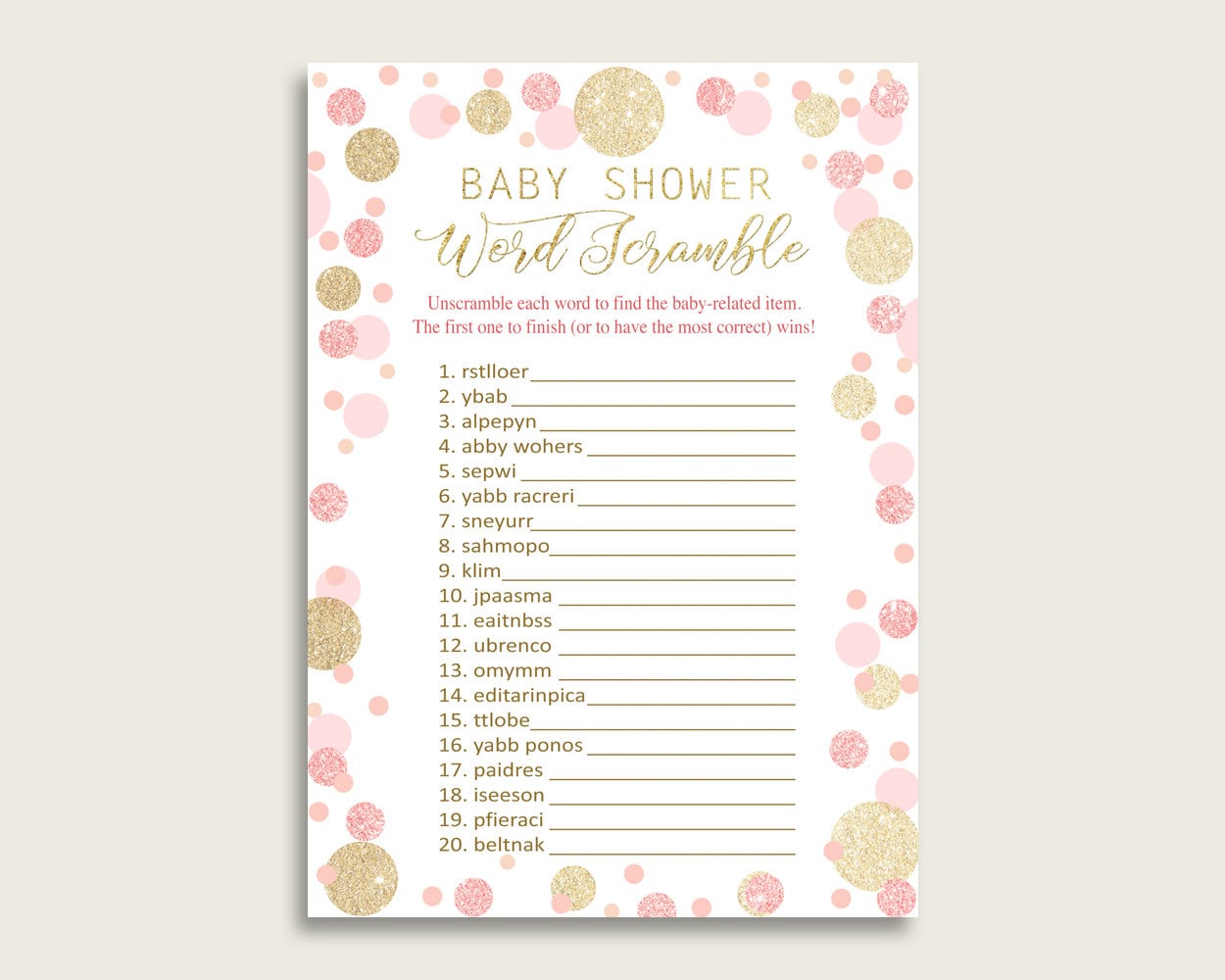 Girl Baby Shower Word Scramble Game Printable, Cute Dots Pink Gold Word ...