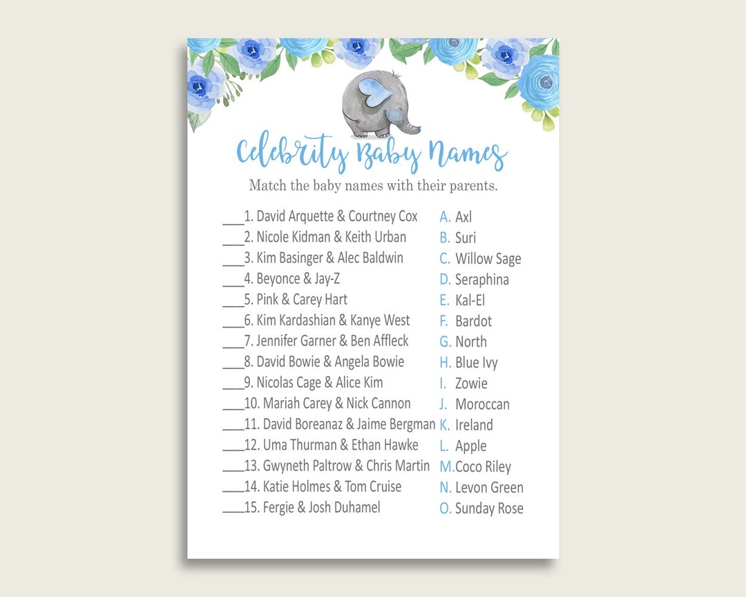 Blue Gray Celebrity Baby Names, Elephant Blue Baby Shower Boy Name Game ...