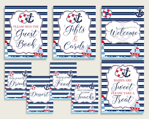 Nautical Baby Shower Boy Table Signs Printable, Blue Red Party Table ...