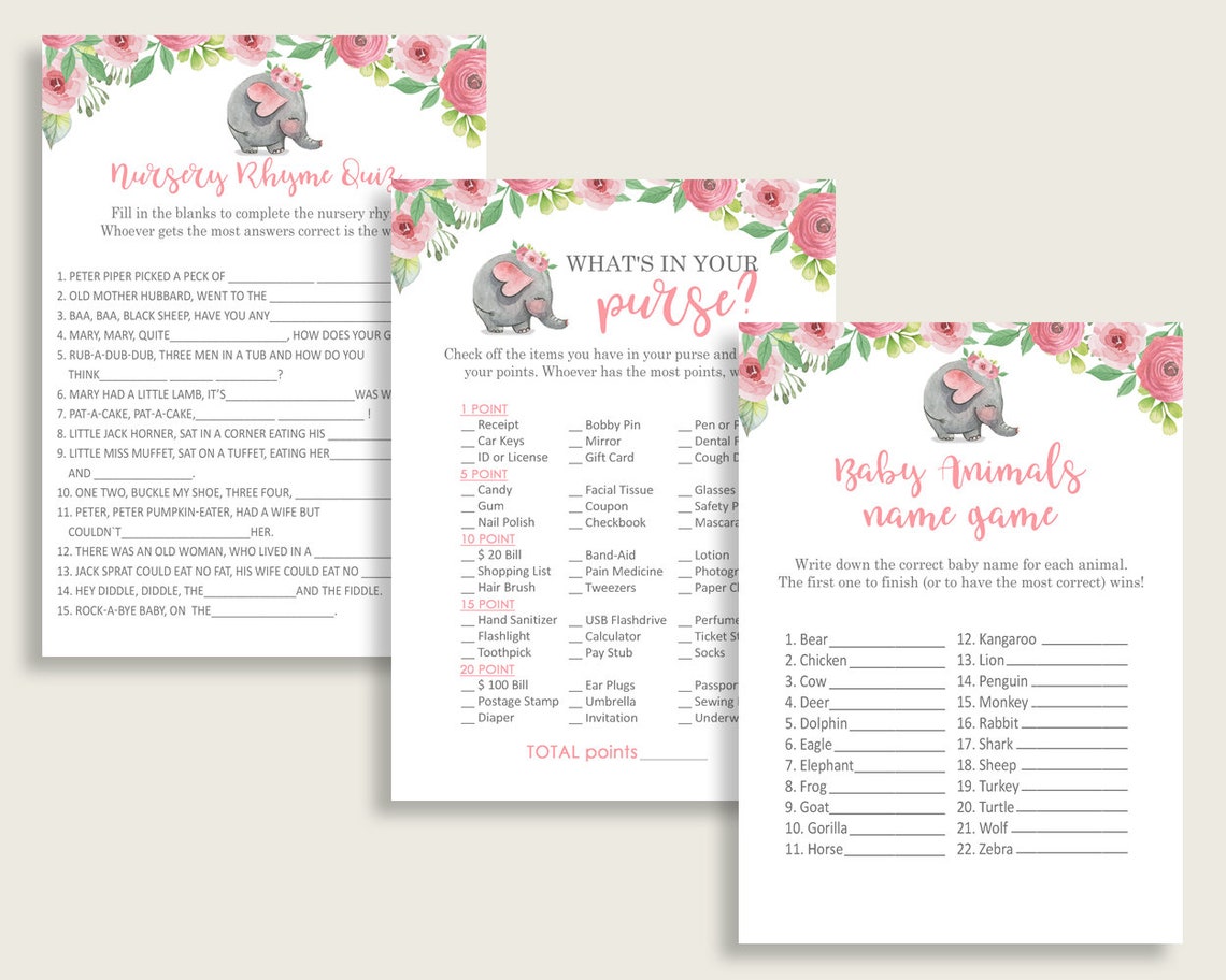 Pink Elephant Baby Shower Games Printable Pack Pink Grey Baby | Etsy