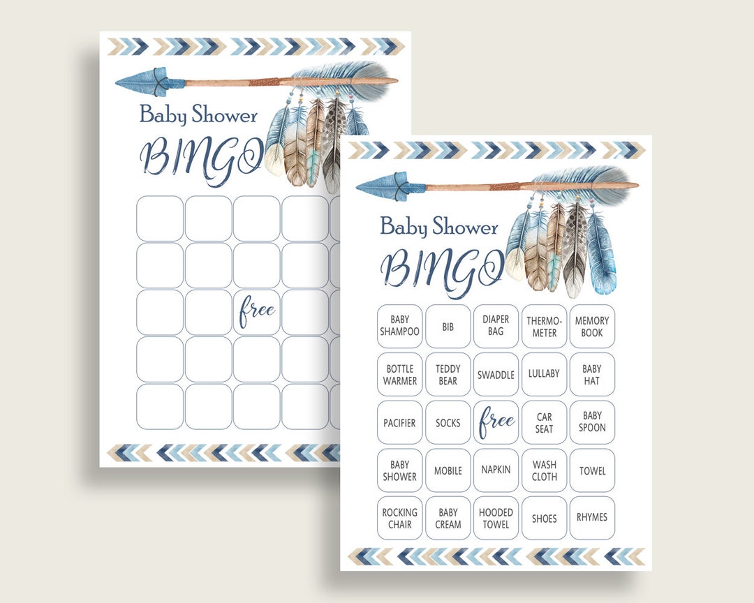 Tribal Arrows Baby Shower Bingo Cards Printable, Blue Beige Baby Shower ...