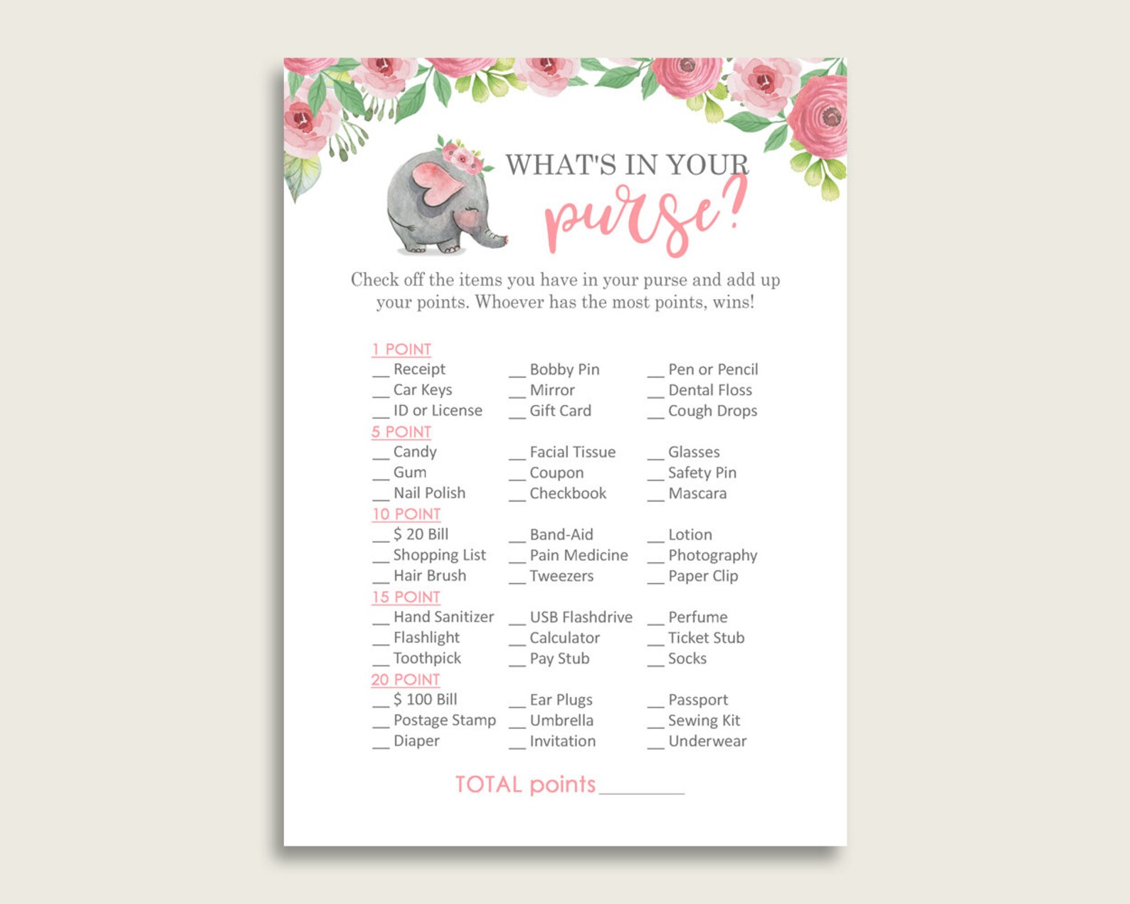Pink Elephant What's in Your Purse Game Printable, Pink Grey Whats in ...