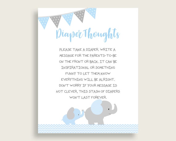 Elephant Baby Shower Diaper Thoughts Printable, Boy Blue Grey Late ...