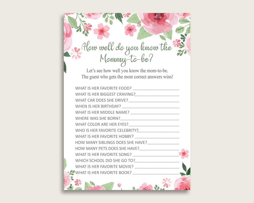 Pink Green How Well Do You Know Mommy Game, Watercolor Flowers Baby ...