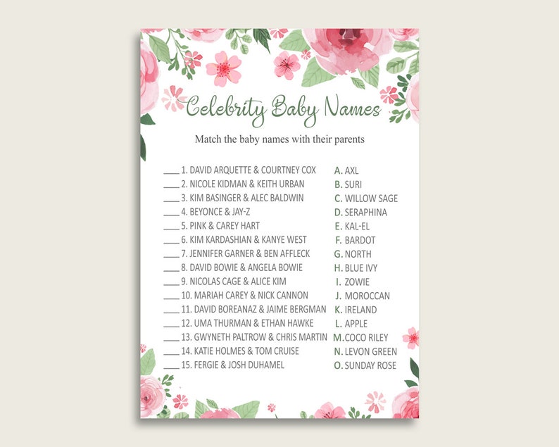 Pink Green Celebrity Baby Names Watercolor Flowers Baby | Etsy