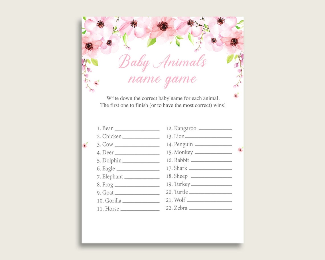 Flower Blush Name the Baby Animals Game Printable, Pink Green Baby ...
