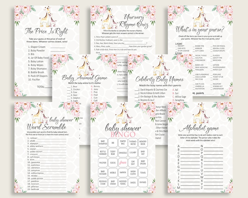 Giraffe Baby Shower Games Printable Pack, Pink Yellow Baby Shower Games ...