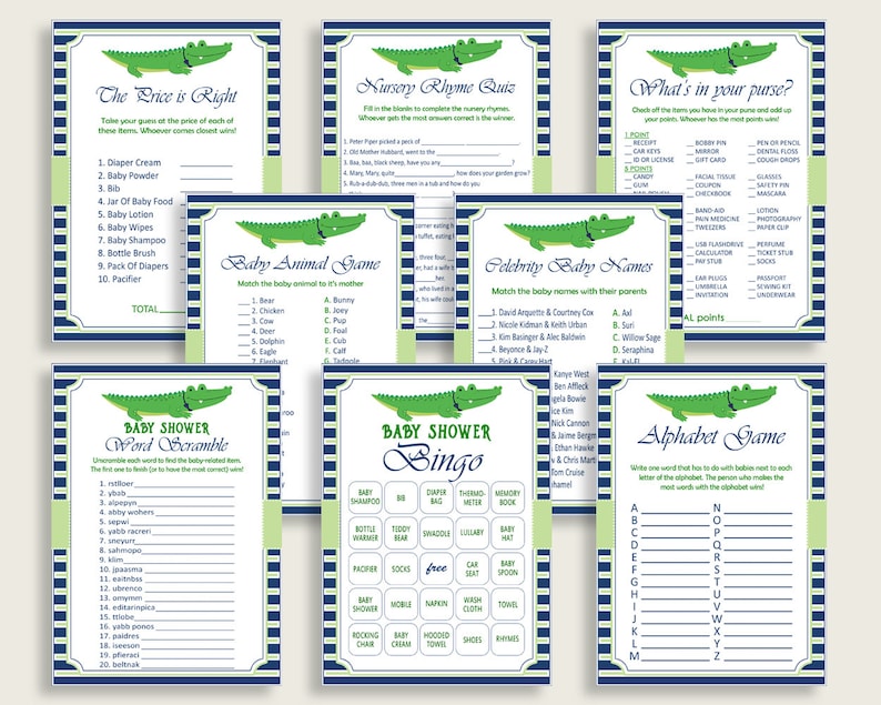 Alligator Baby Shower Games Printable Pack Blue Green Baby | Etsy