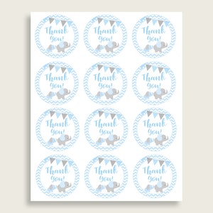 Elephant Baby Shower Round Thank You Tags 2 Inch Printable, Blue Grey ...