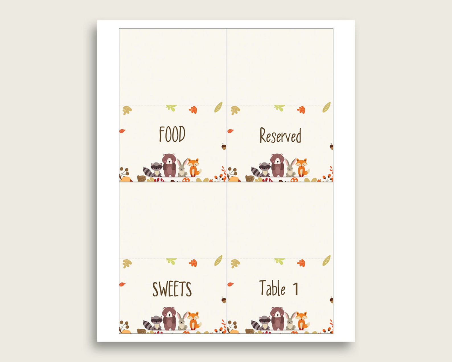 Woodland Folded Food Tent Cards Printable Brown Beige - Etsy
