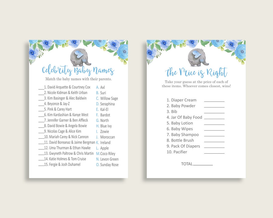 Elephant Blue Baby Shower Games Printable Pack Blue Gray Baby - Etsy