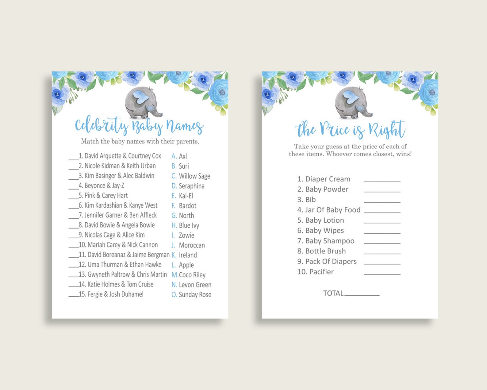 Elephant Blue Baby Shower Games Printable Pack Blue Gray Baby - Etsy