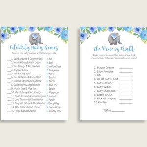 Elephant Blue Baby Shower Games Printable Pack, Blue Gray Baby Shower ...