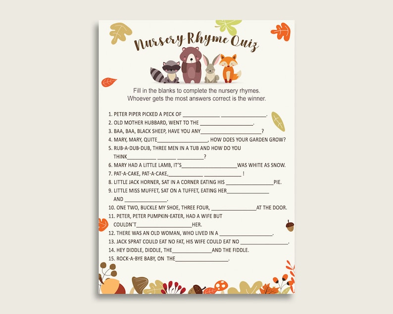 Woodland Nursery Rhyme Quiz Printable, Brown Beige Nursery Rhyme Game ...