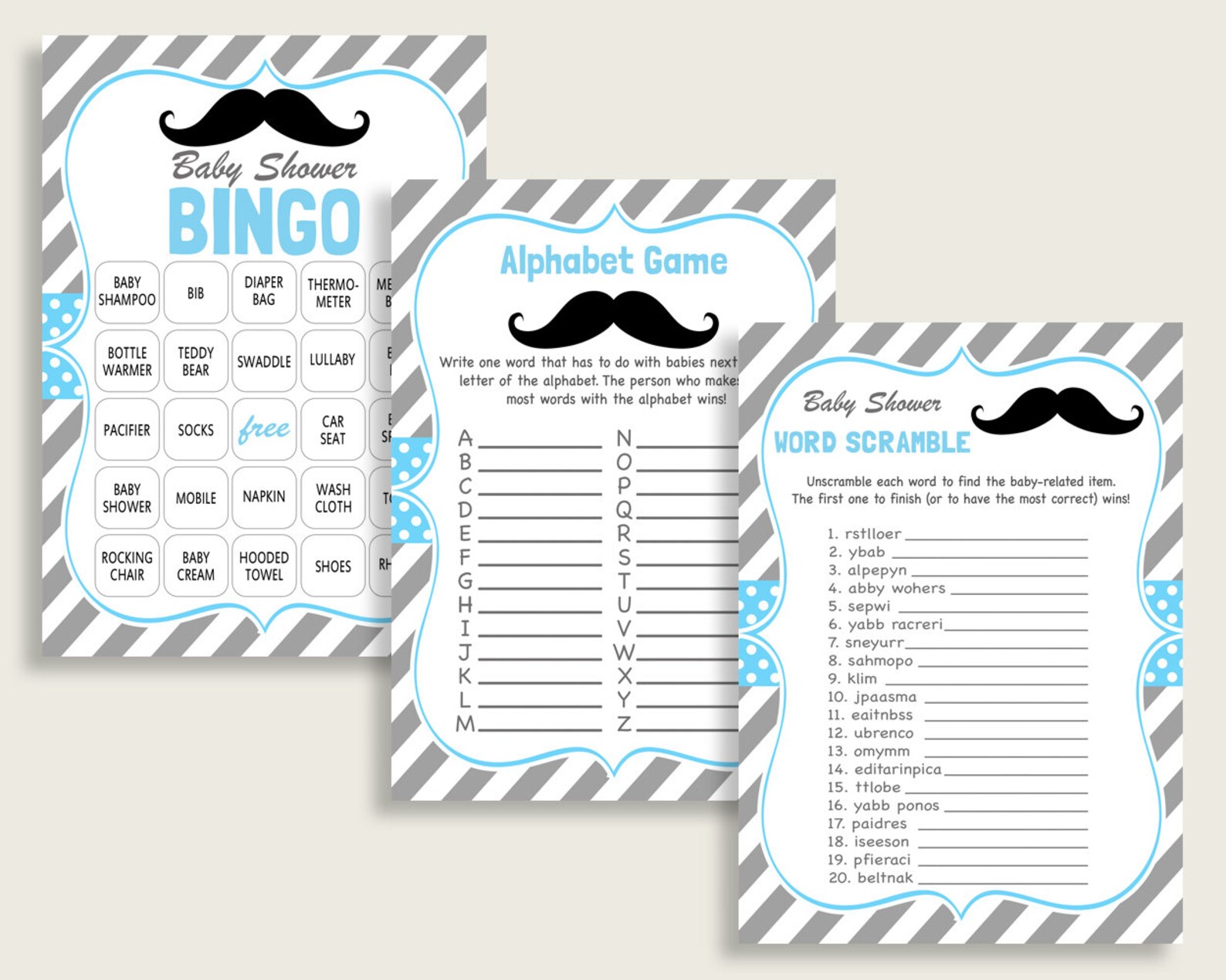 Mustache Baby Shower Games Printable Pack, Blue Gray Baby Shower Games ...
