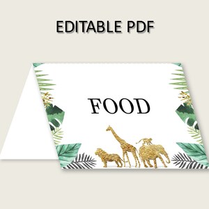Jungle Folded Food Tent Cards Printable, Gold Green Editable Pdf Buffet ...