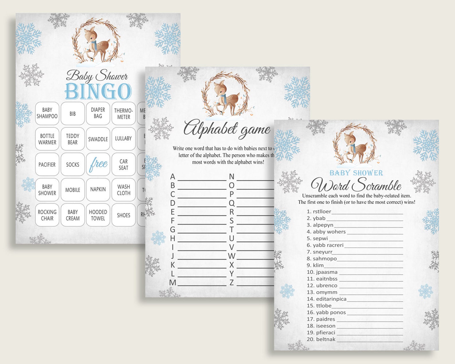 Winter Deer Baby Shower Games Printable Pack Gray Blue Baby - Etsy