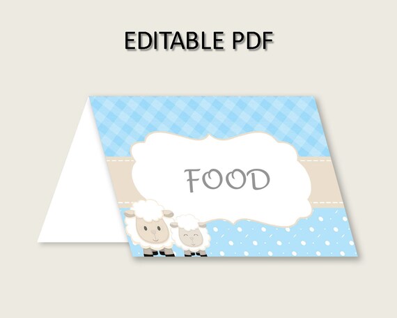 Little Lamb Folded Food Tent Cards Printable, Blue White Editable Pdf ...