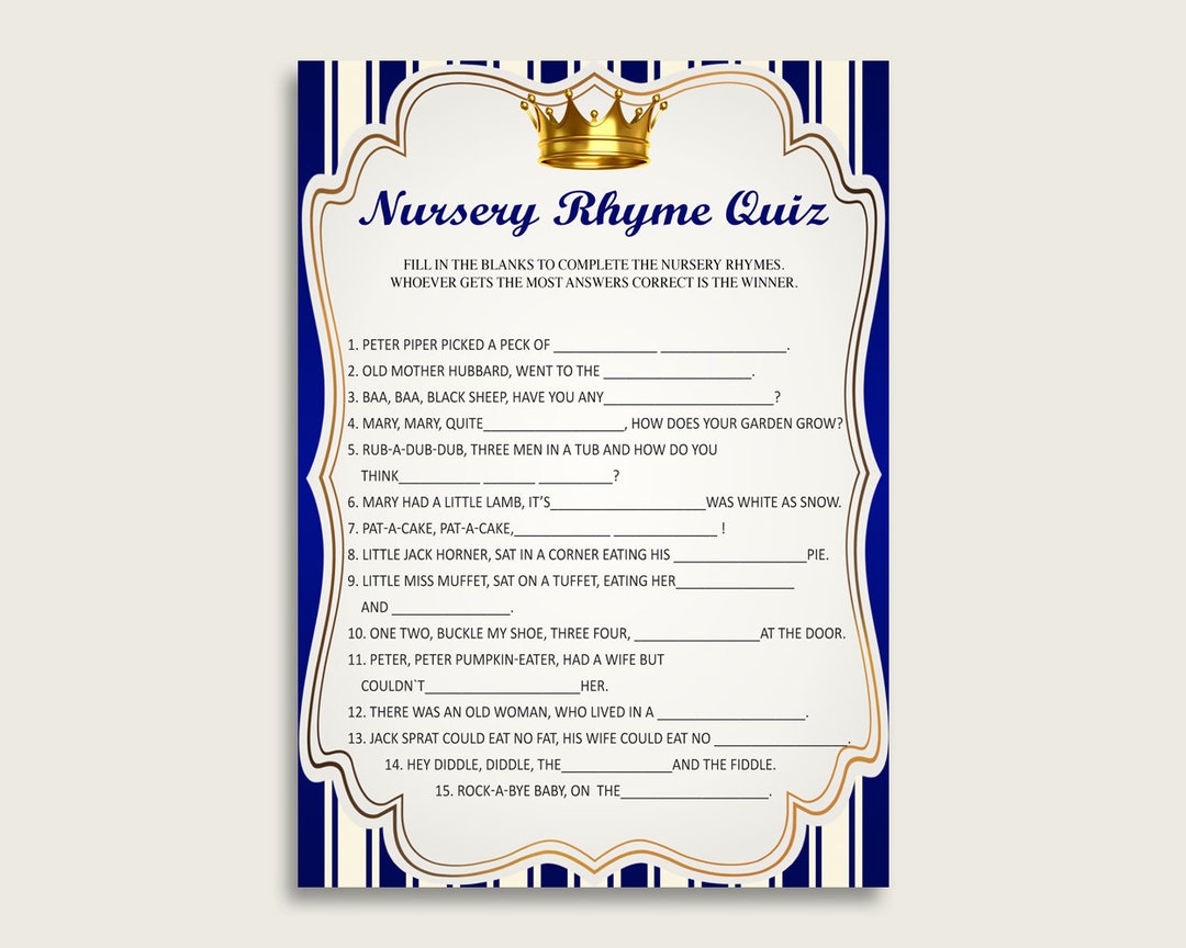 Royal Prince Nursery Rhyme Quiz Printable, Blue Gold Nursery Rhyme Game ...