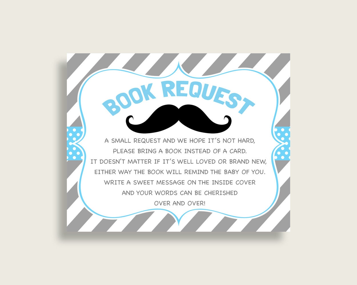 Mustache Baby Shower Bring A Book Insert Printable, Boy Blue Gray Book ...