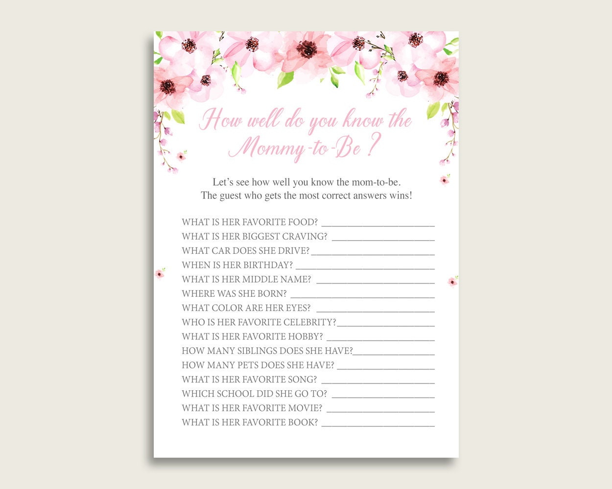Pink Green How Well Do You Know Mommy Game, Flower Blush Baby Shower ...