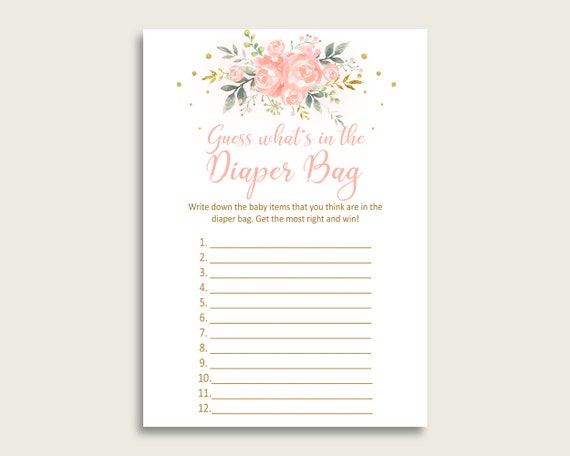Peach Floral Guess What's In The Diaper Bag Game, Girl Baby Shower Pink ...