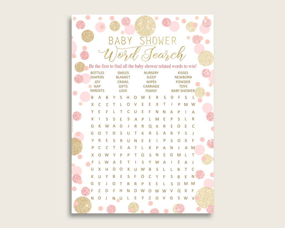 Dots Word Search Game, Pink Gold Baby Shower Word Search Cards ...