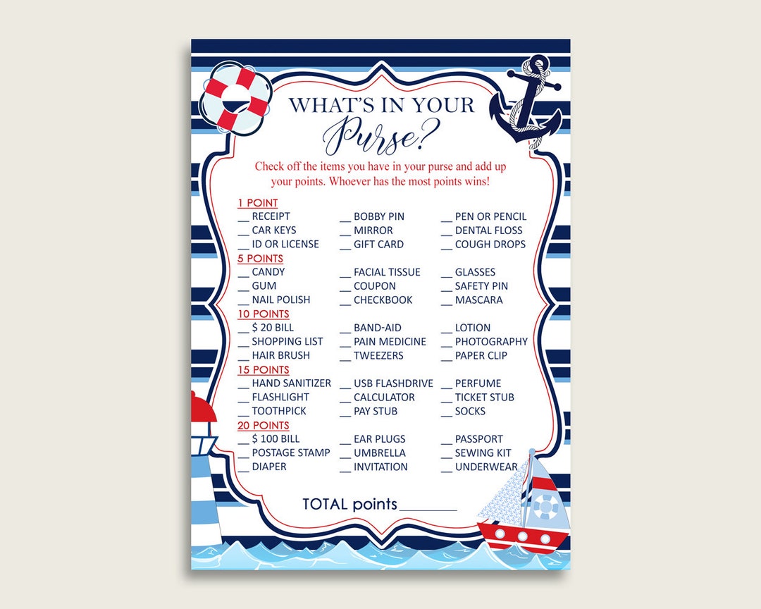 Nautical What's in Your Purse Game Printable, Blue Red Whats in Your ...