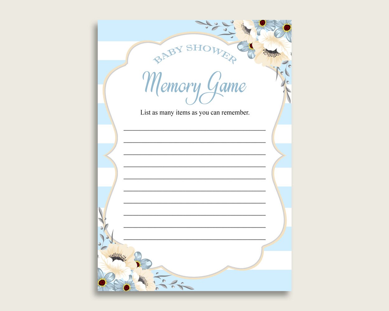 Stripes Baby Shower Memory Game, Blue White Memory Guessing Game ...
