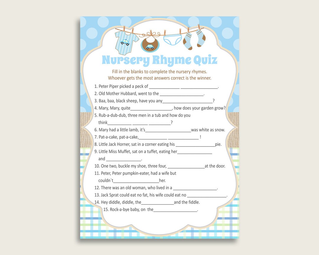 Clothes Nursery Rhyme Quiz Printable, Blue Beige Nursery Rhyme Game ...