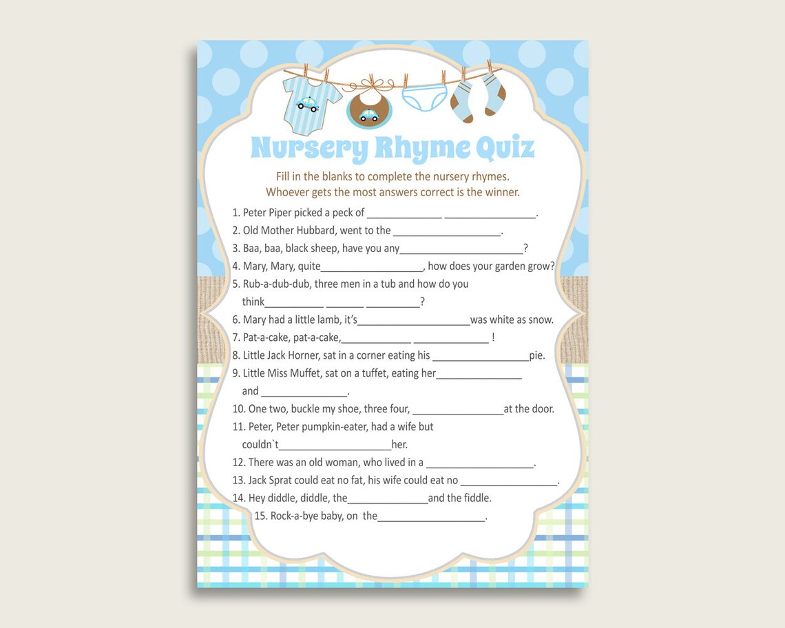 Clothes Nursery Rhyme Quiz Printable Blue Beige Nursery Rhyme | Etsy