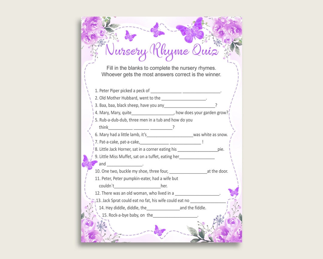 Butterfly Nursery Rhyme Quiz Printable, Purple White Nursery Rhyme Game ...