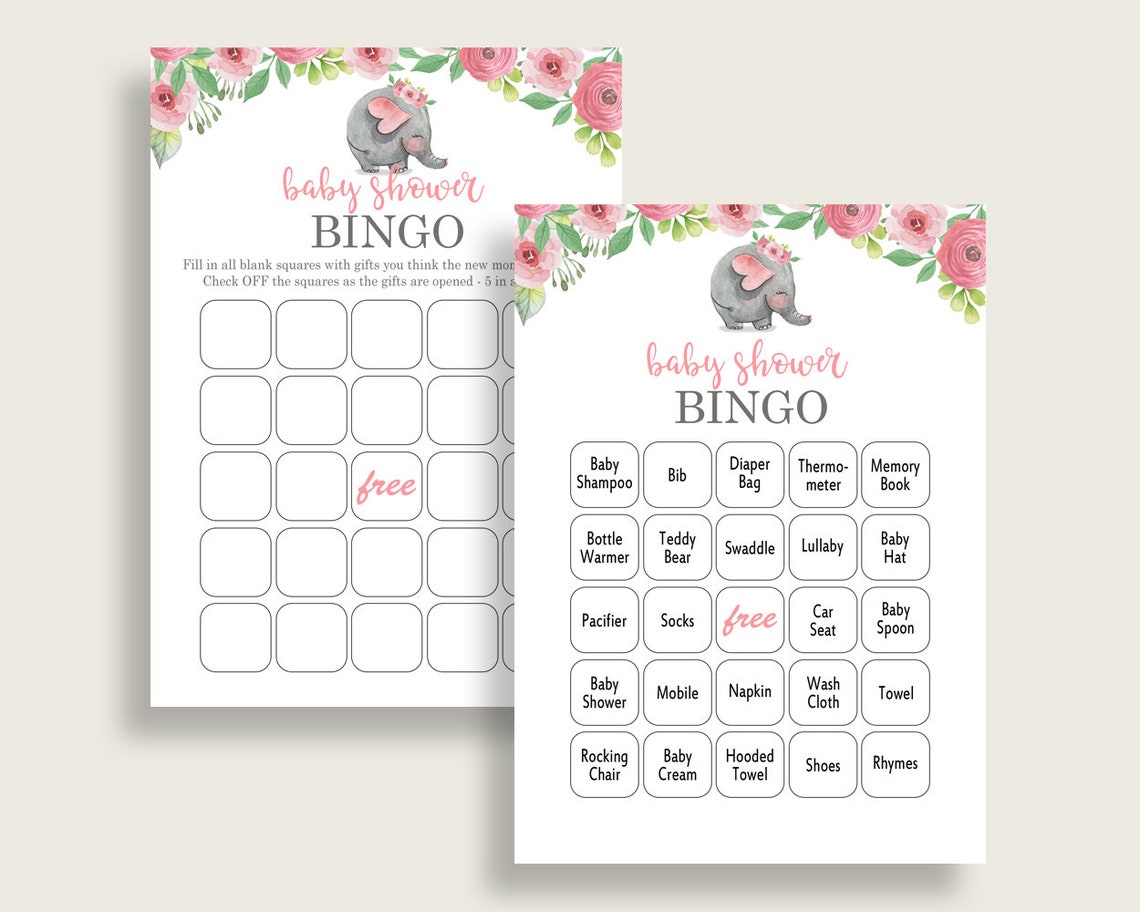 Pink Elephant Baby Shower Bingo Cards Printable, Pink Grey Baby Shower ...