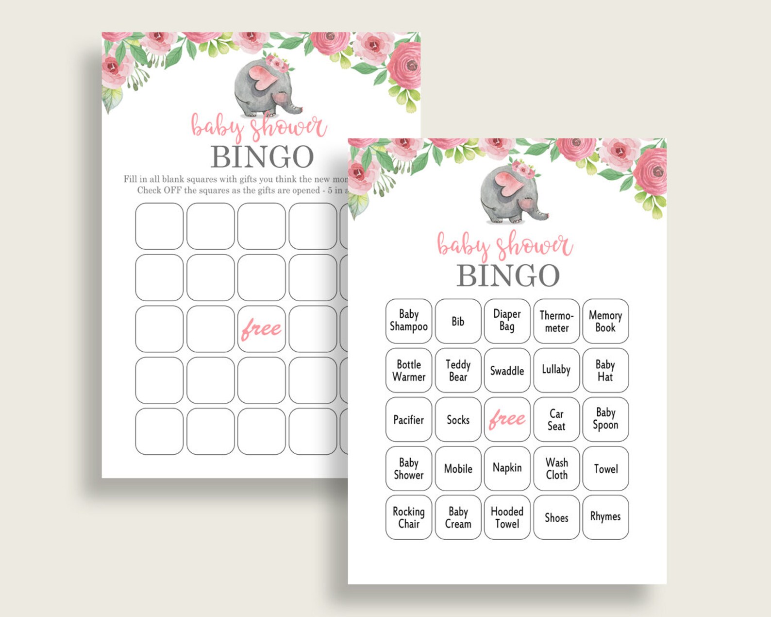 Pink Elephant Baby Shower Bingo Cards Printable Pink Grey | Etsy