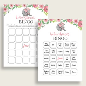 Pink Elephant Baby Shower Bingo Cards Printable, Pink Grey Baby Shower ...