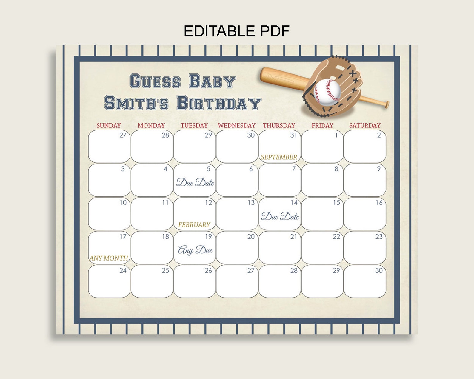 Blue Beige Guess Baby Due Date Calendar Game Printable, Baseball Baby ...