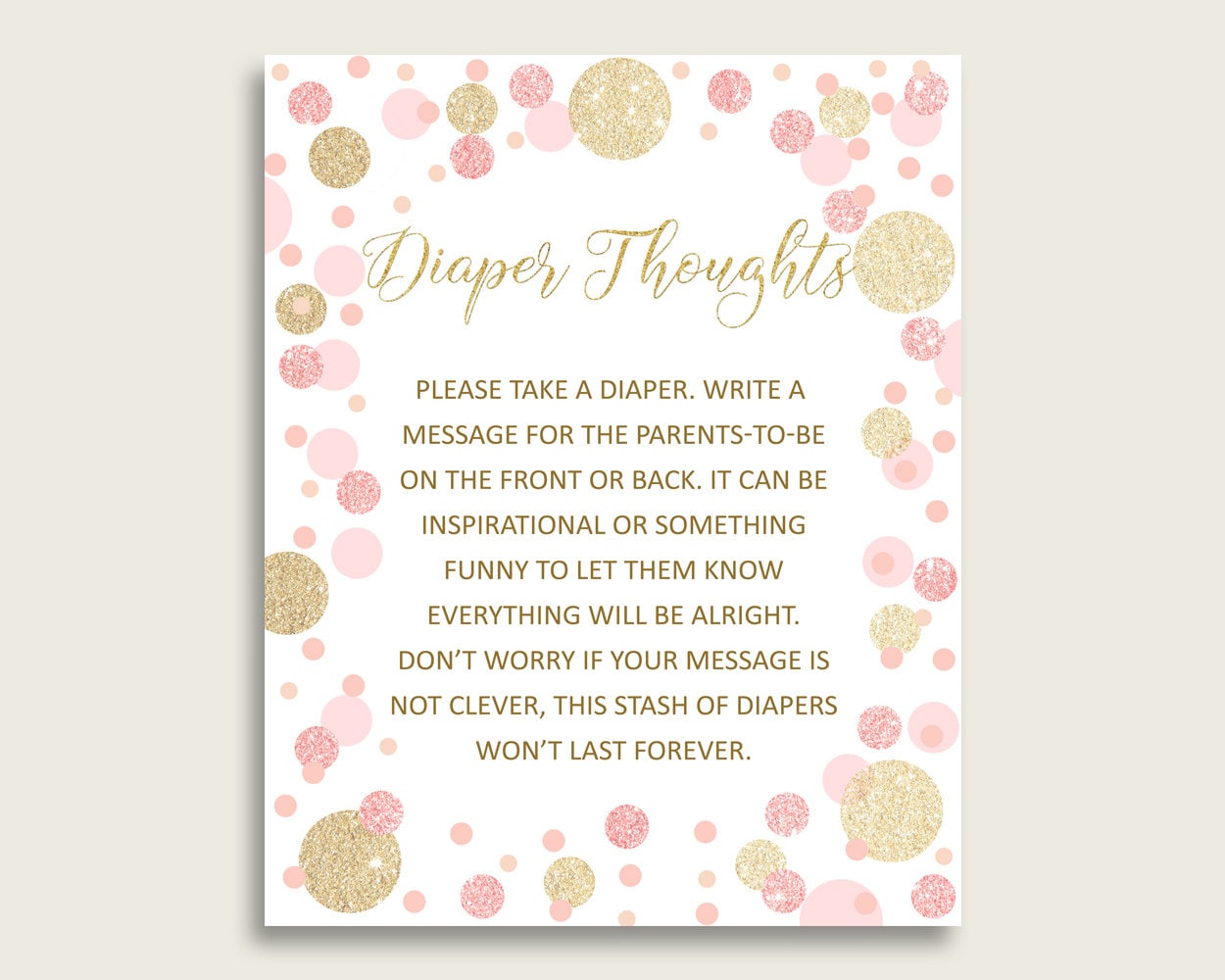 Dots Baby Shower Diaper Thoughts Printable, Girl Pink Gold Late Night ...