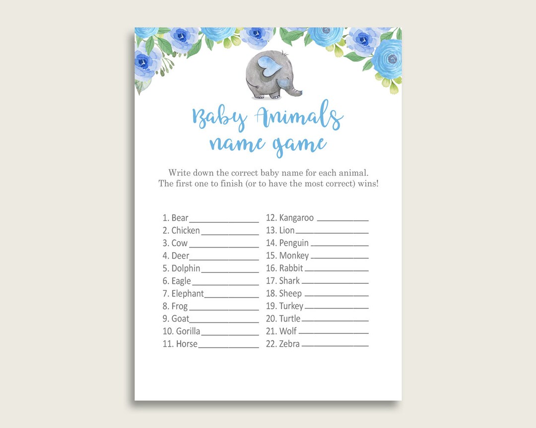 Elephant Blue Name the Baby Animals Game Printable, Blue Gray Baby ...