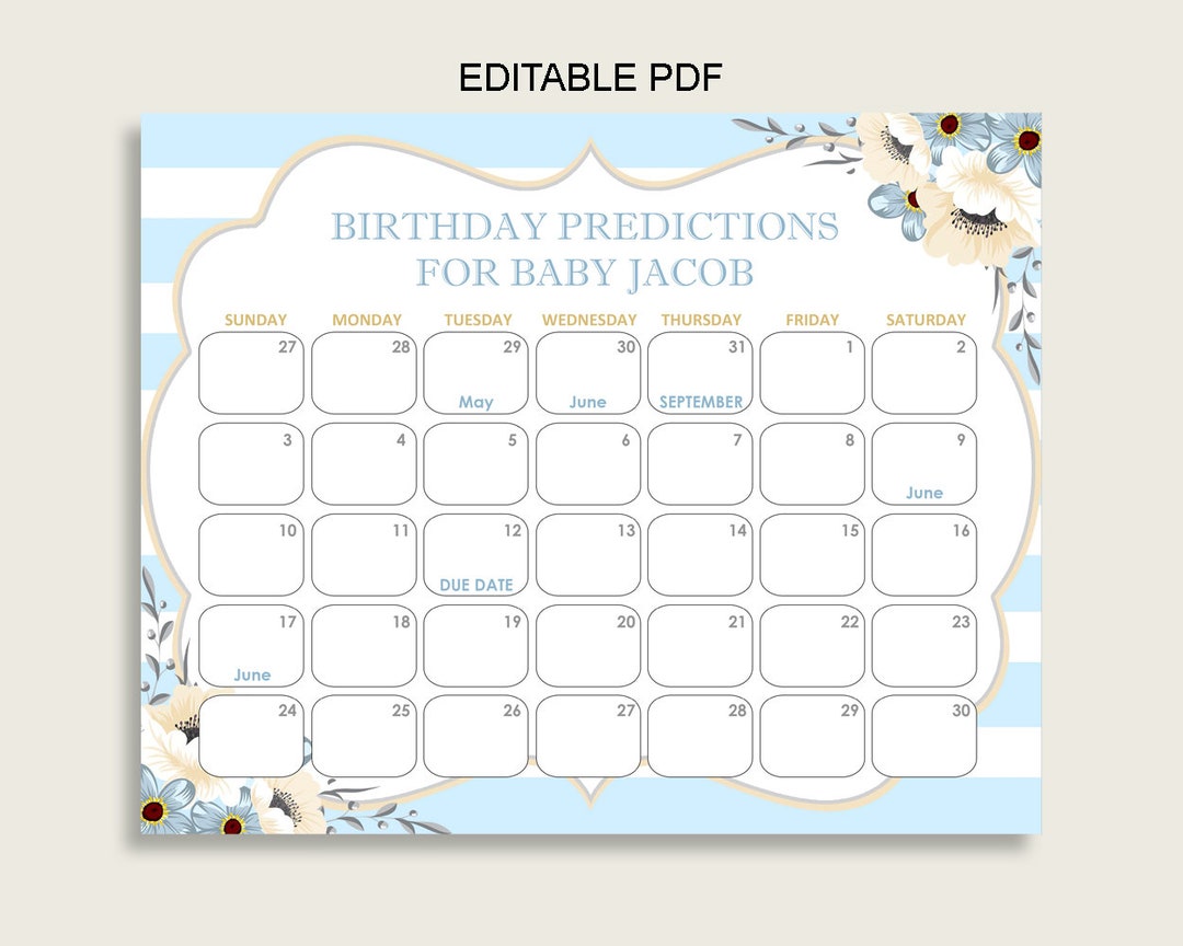 Blue White Guess Baby Due Date Calendar Game Printable, Stripes Baby ...