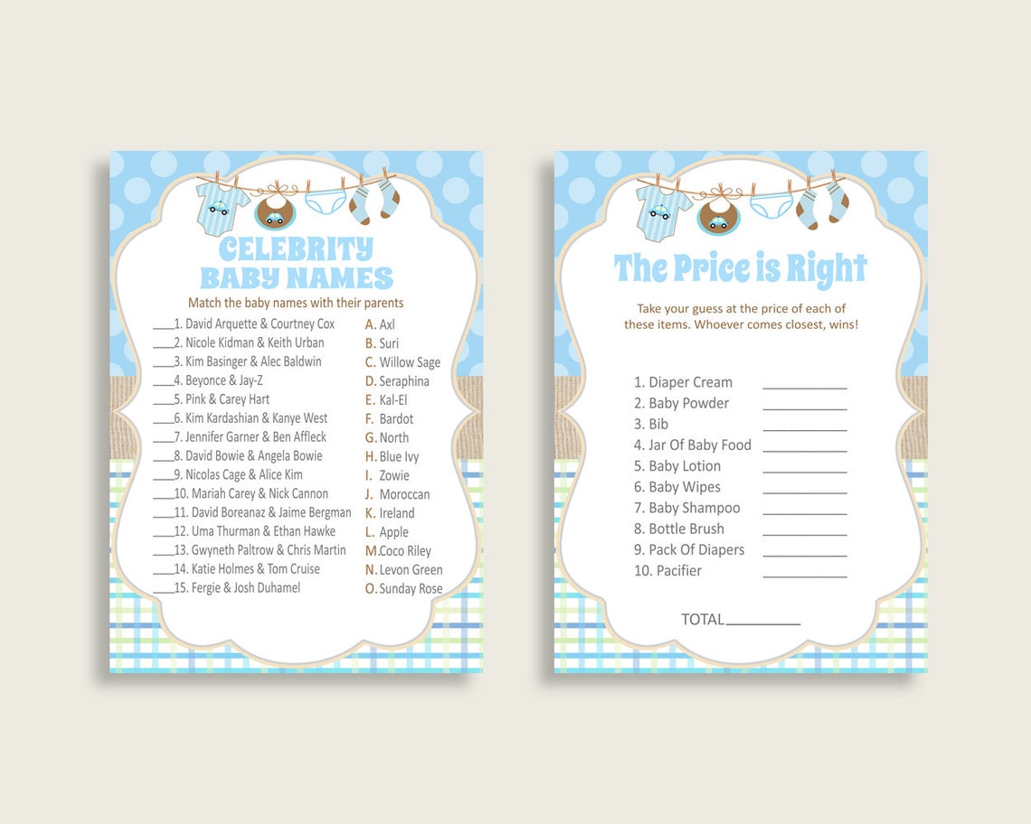 Clothes Baby Shower Games Printable Pack Blue Beige Baby | Etsy