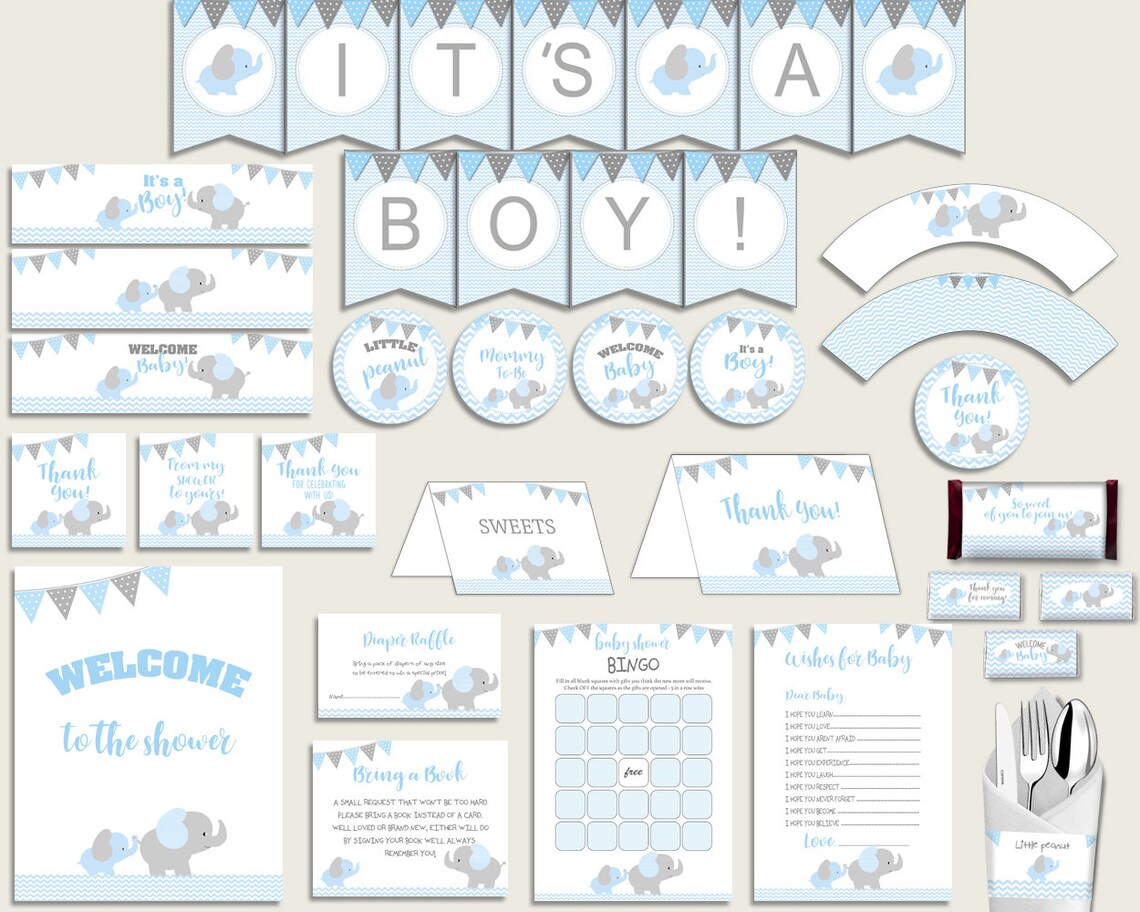 Blue Grey Baby Shower Decorations Boy Kit, Elephant Baby Shower Party ...