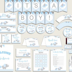 Blue Grey Baby Shower Decorations Boy Kit, Elephant Baby Shower Party ...