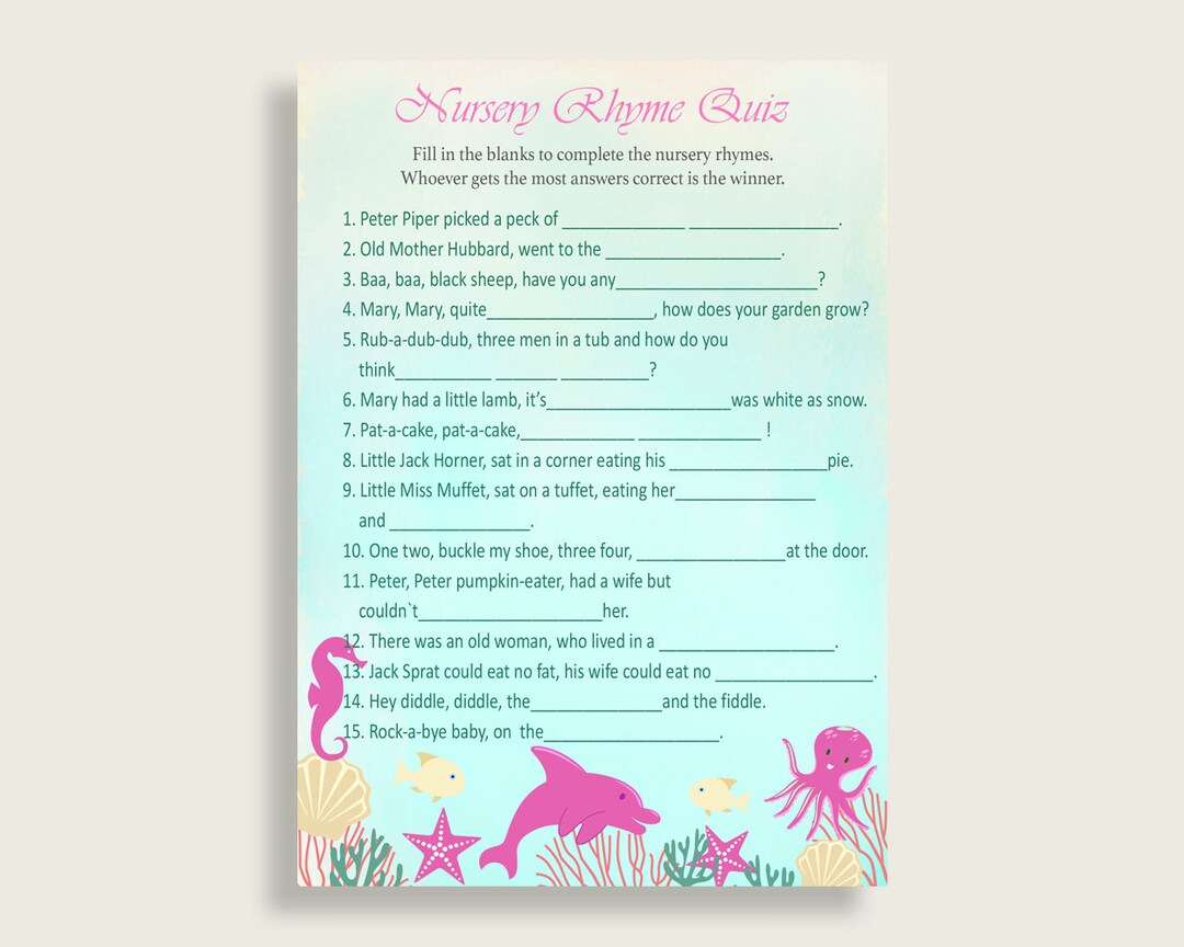 Under the Sea Nursery Rhyme Quiz Printable, Pink Green Nursery Rhyme ...