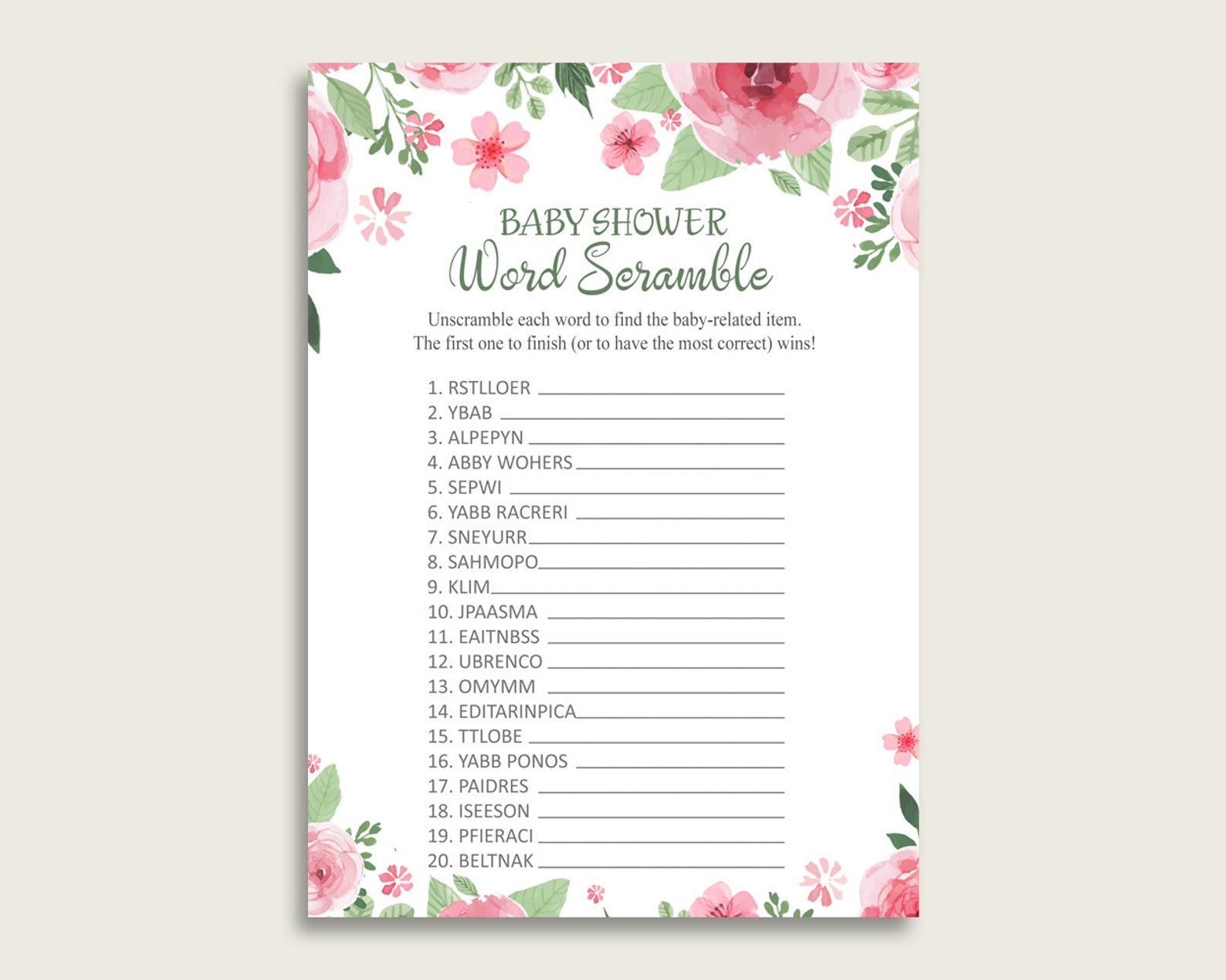 Girl Baby Shower Word Scramble Game Printable, Cute Watercolor Flowers ...