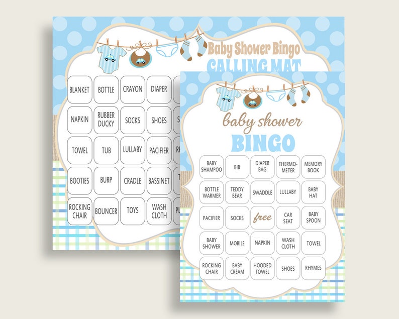 Clothes Baby Shower Bingo Cards Printable, Blue Beige Baby Shower Boy ...
