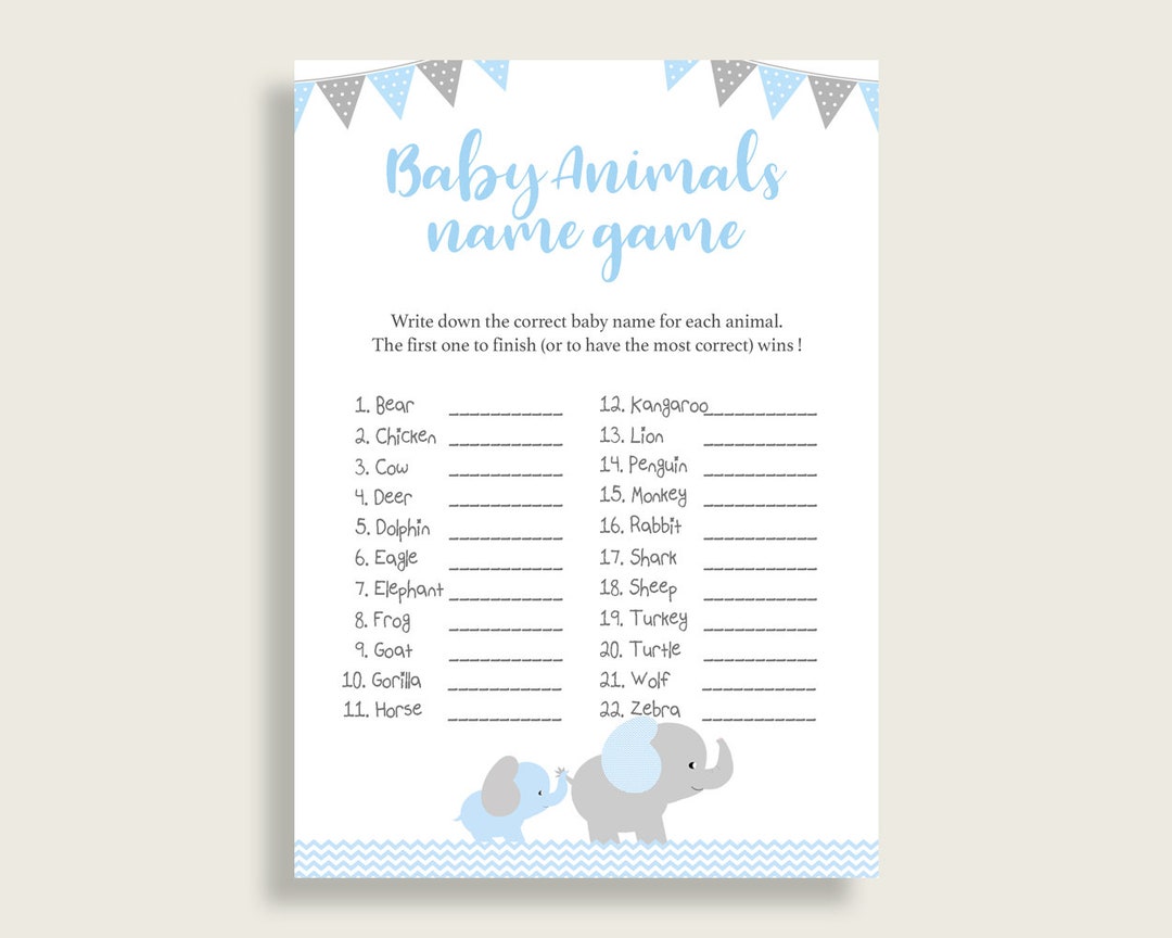 Elephant Name the Baby Animals Game Printable, Blue Grey Baby Shower ...