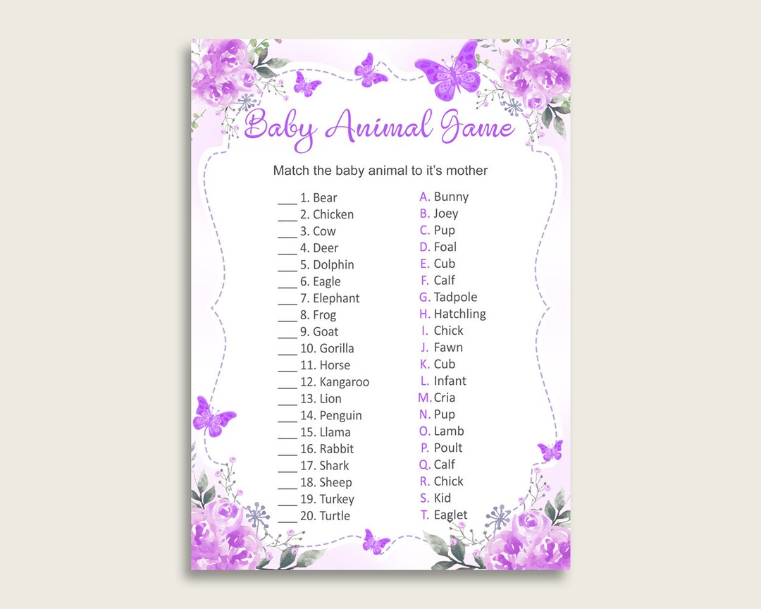 Butterfly Name the Baby Animals Game Printable, Purple White Baby ...